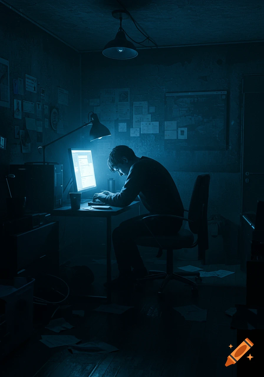 A solitary figure hunches over a glowing computer screen in a dark ...