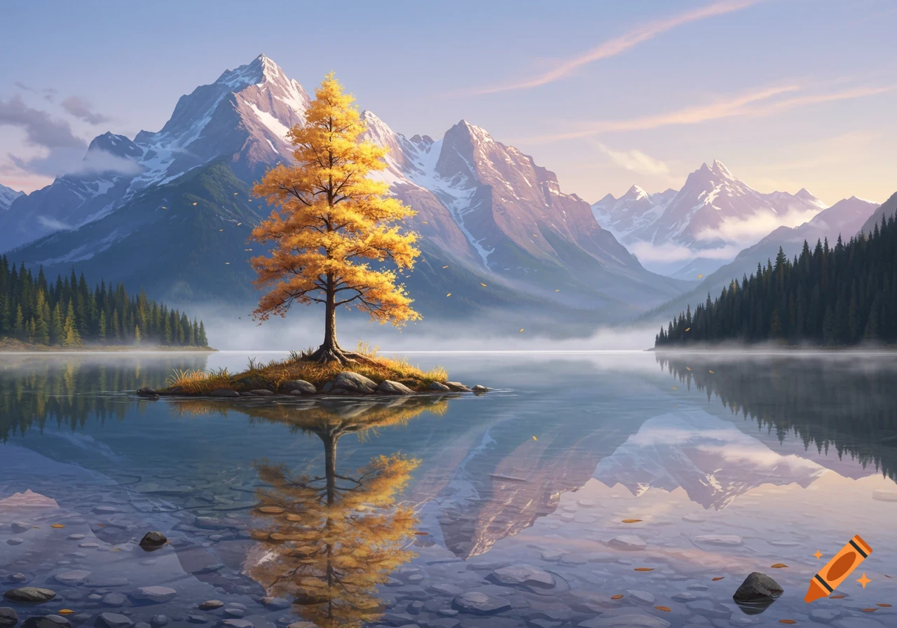 A vibrant pink cherry blossom tree on a small island in a serene lake ...