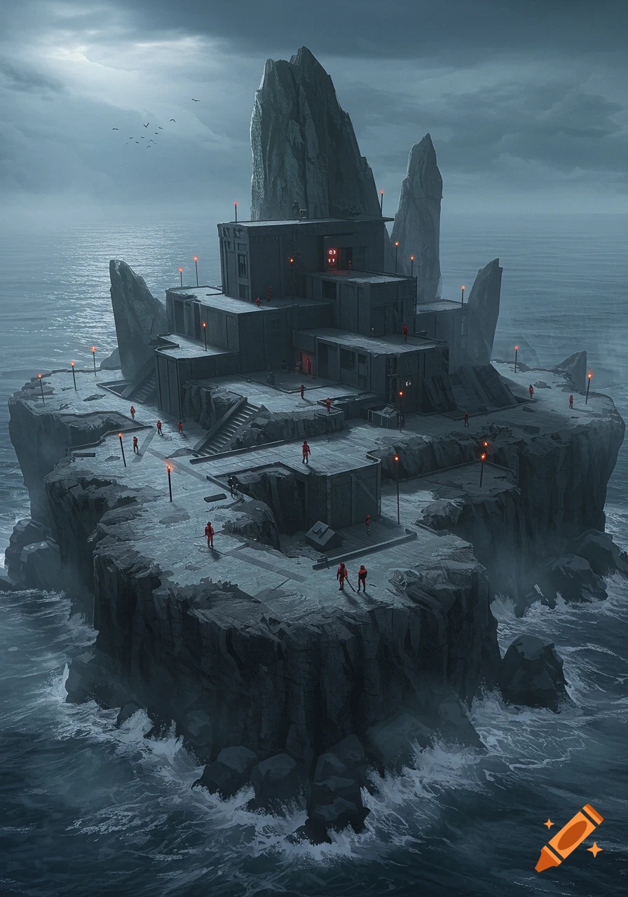 Seven figures in long drab coats stand within a deep cracked ditch in a ...