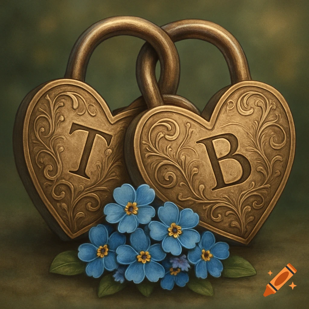 Two ornate bronze heart-shaped locks, one with a 'T' and one with a 'B ...