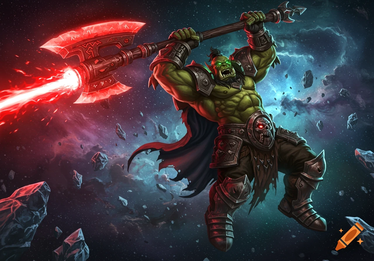 A green-skinned orc barbarian in detailed armor swings a red laser axe while floating in a ...