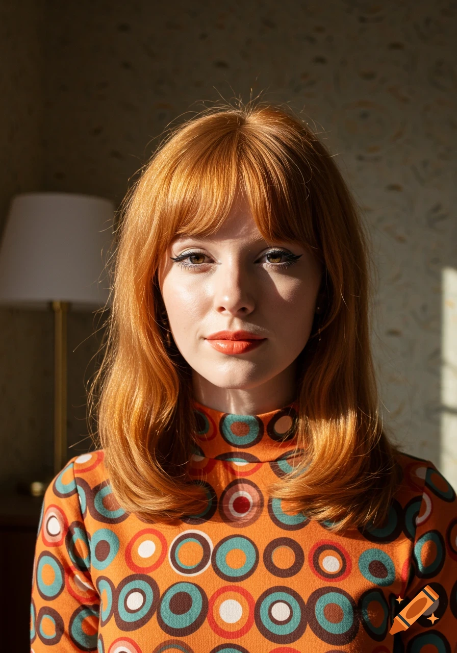 A close-up portrait of a red-haired woman with bangs, wearing a 1960s ...