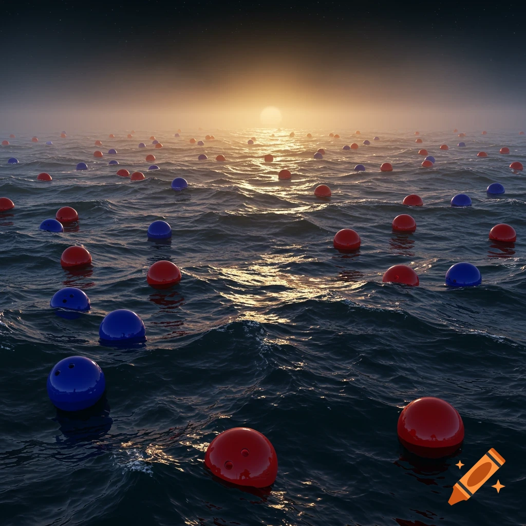 Red and blue bowling balls float on a vast ocean under a hazy sunset ...