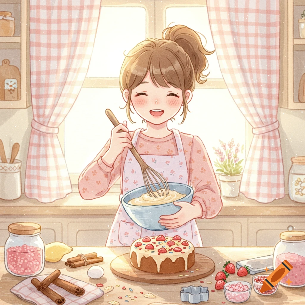 A happy cartoon girl whisking batter in a sunlit kitchen, with a ...