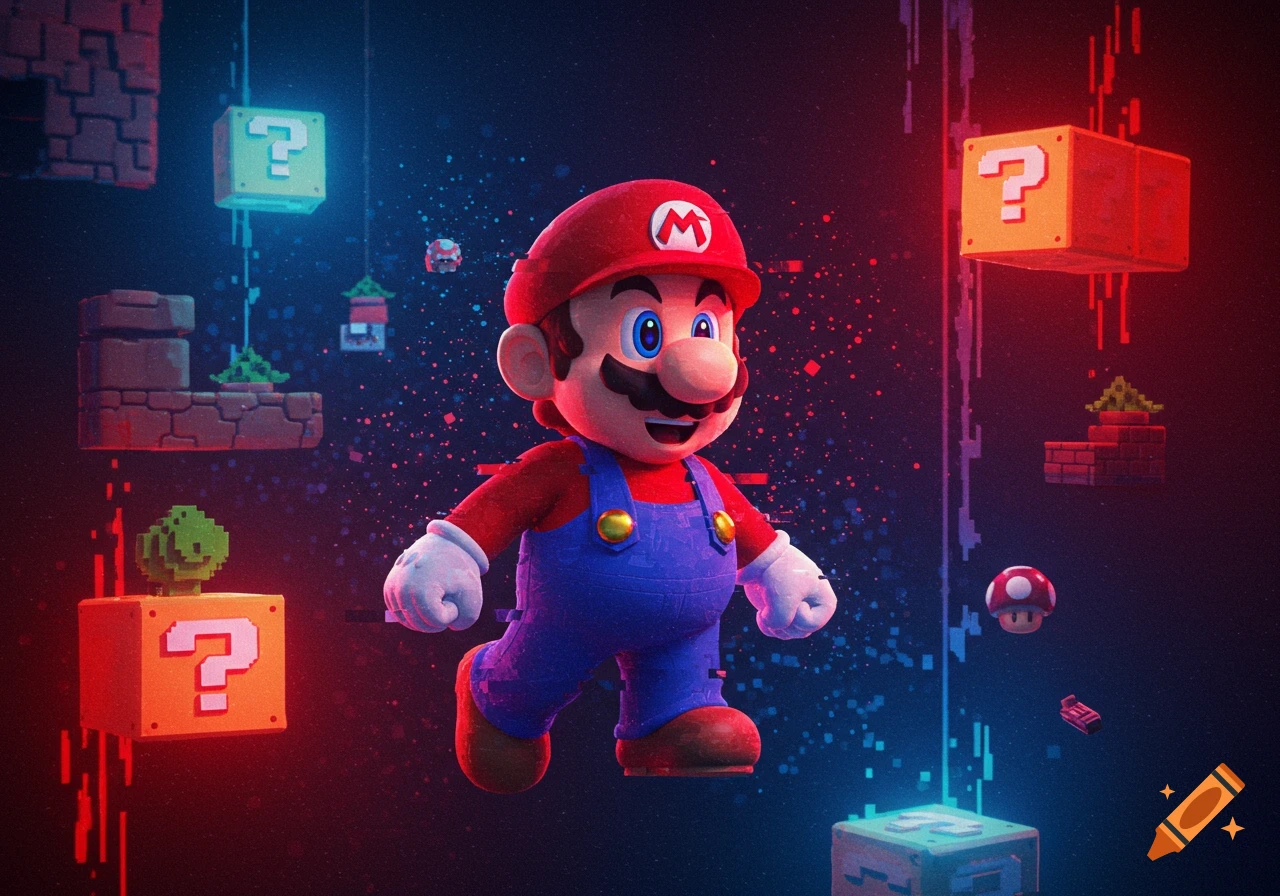 Blue-clad Mario and a cyborg Luigi stand in a neon-lit, digital ...