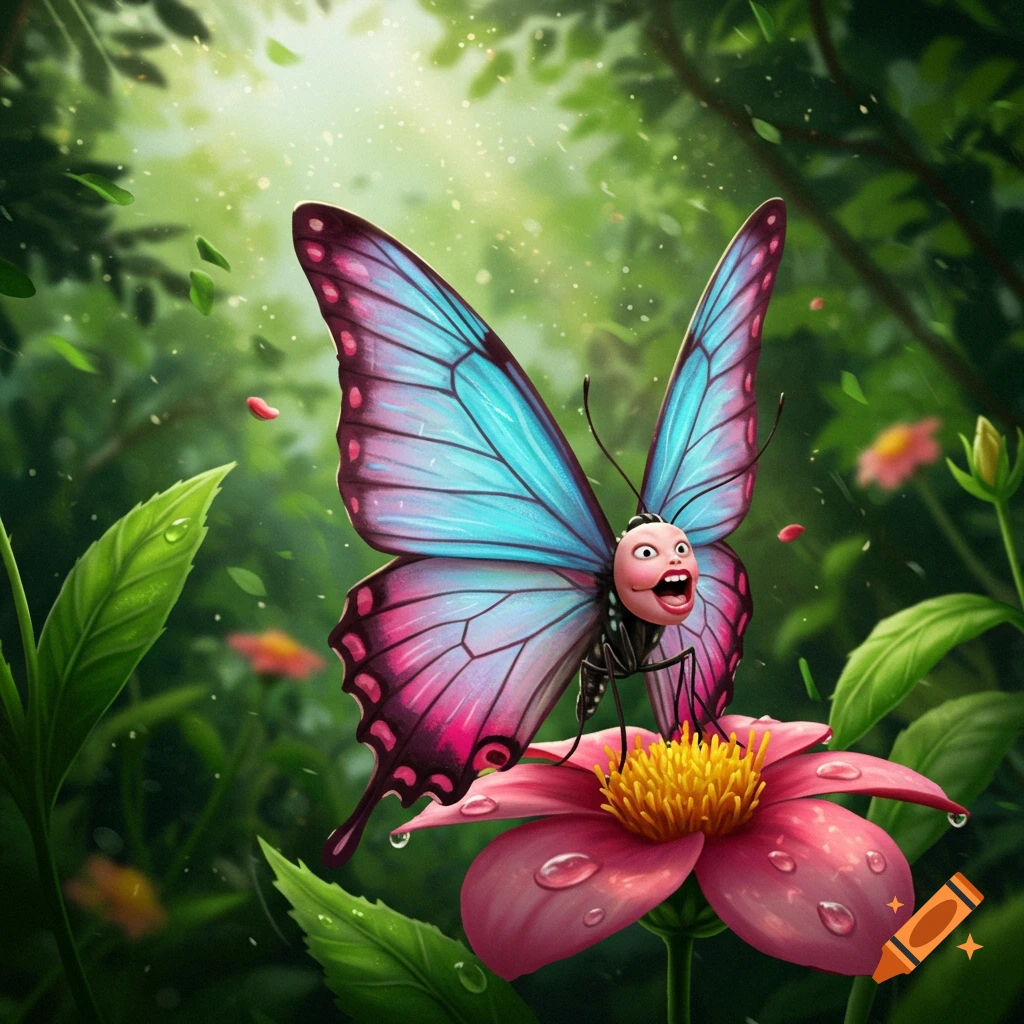 A vibrant cartoon butterfly with a human-like baby face and open mouth ...