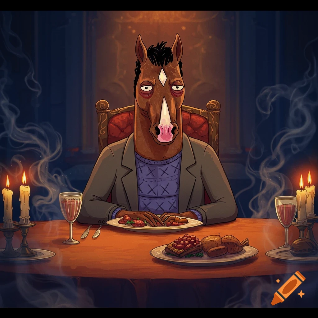 Bojack Horseman sits alone at a candlelit dinner table filled with food ...
