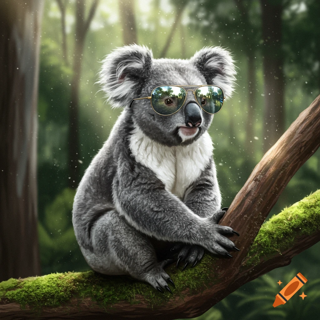A photorealistic koala wearing sunglasses sits on a mossy tree branch ...