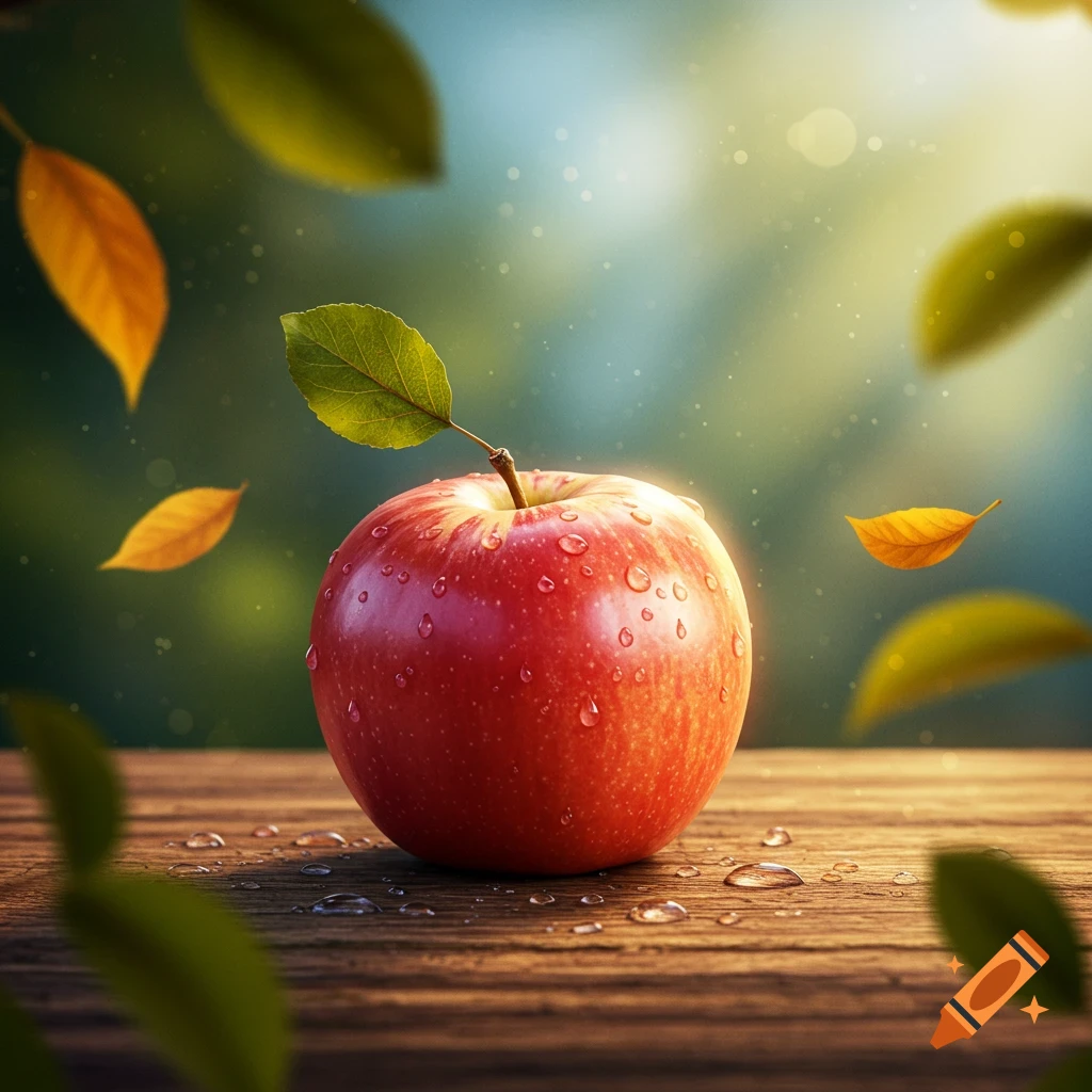 A vibrant orange and a red apple sit side-by-side on a rustic wooden ...