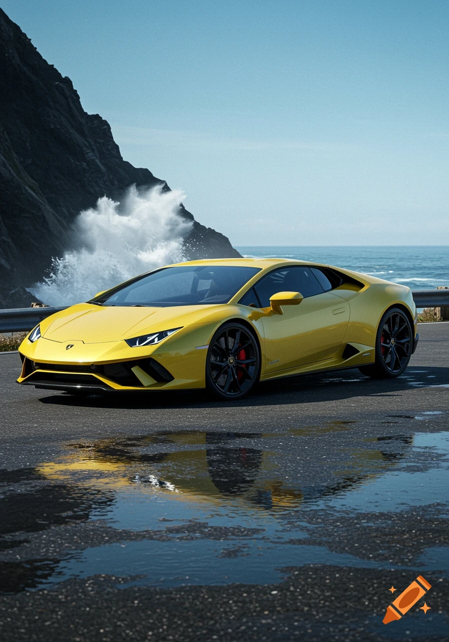 A yellow Lamborghini sports car parked on a wet coastal road with ocean waves crashing against ...