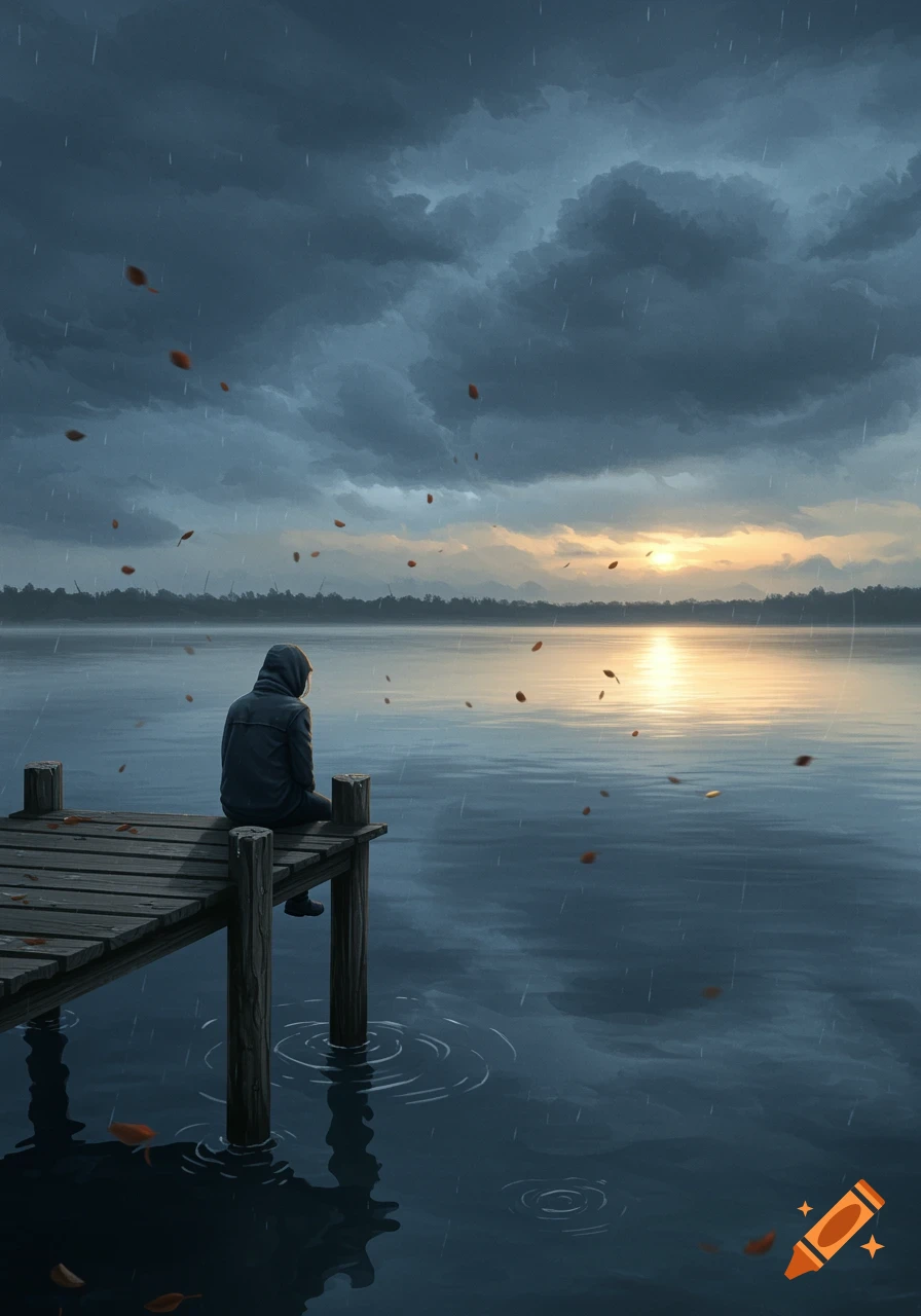 Pixel art of a man looking out a rainy window at night, with ...