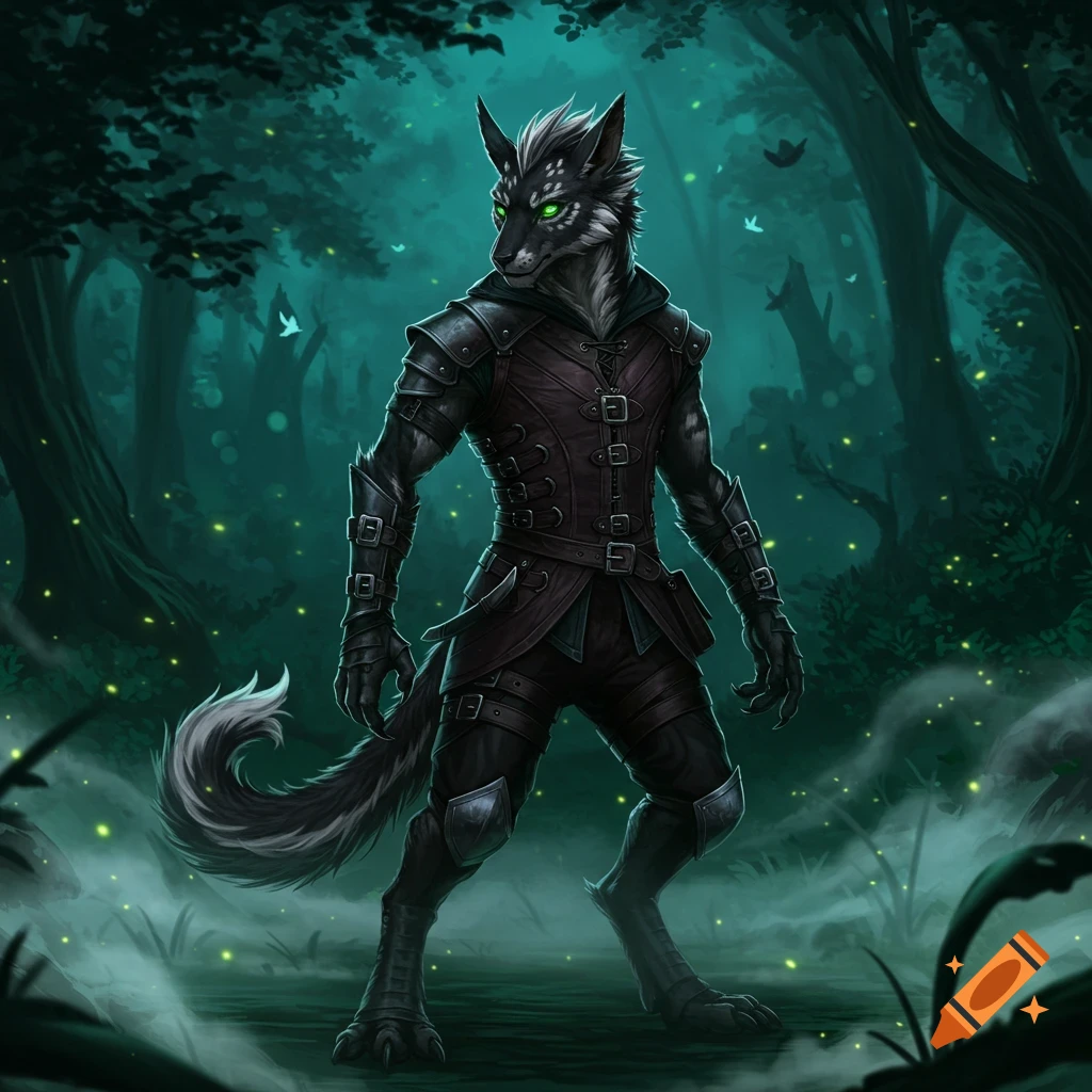 An armored, anthropomorphic wolf-like creature with glowing green eyes ...