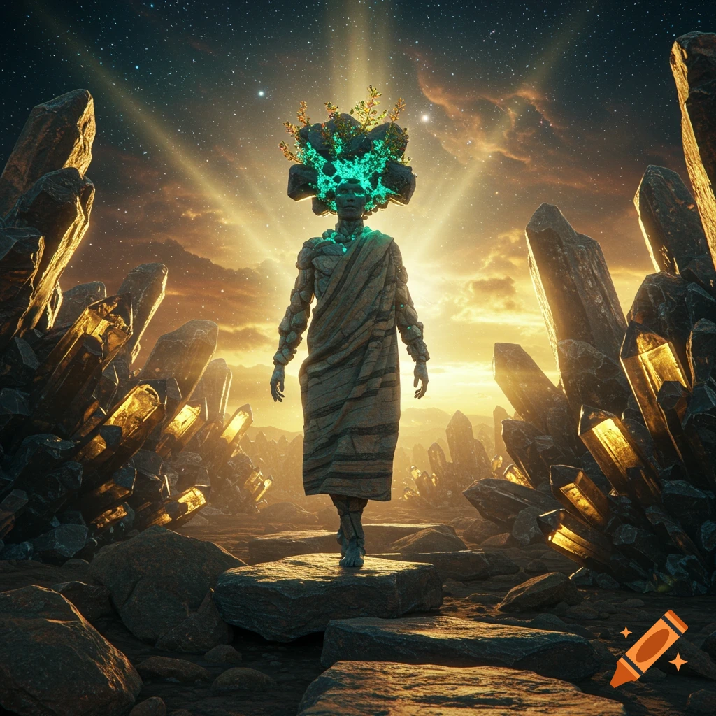 A rock-like humanoid figure stands amidst large, glowing golden ...