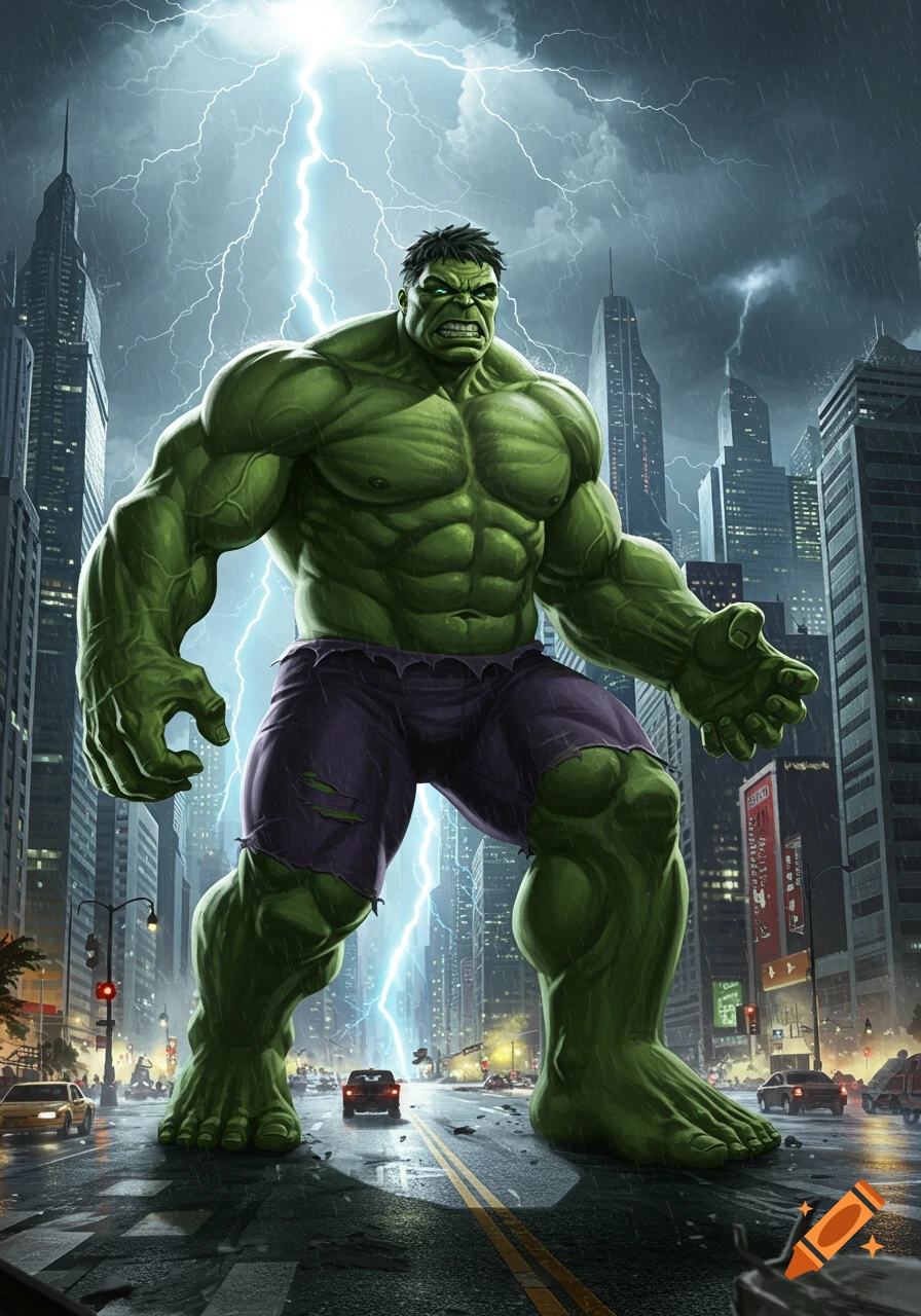 Massive green Hulk stands powerfully on a rainy city street under a ...