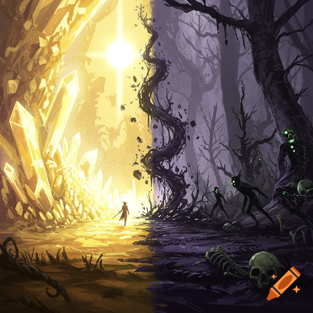 A lone figure stands on a path between a bright golden crystal landscape and a dark, purple ...