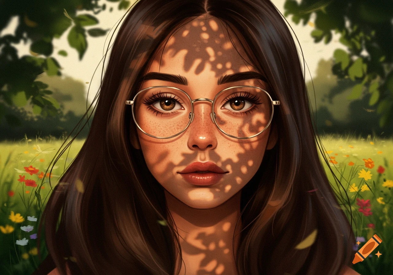 Stylized digital painting of a girl with long wavy brown hair, brown ...