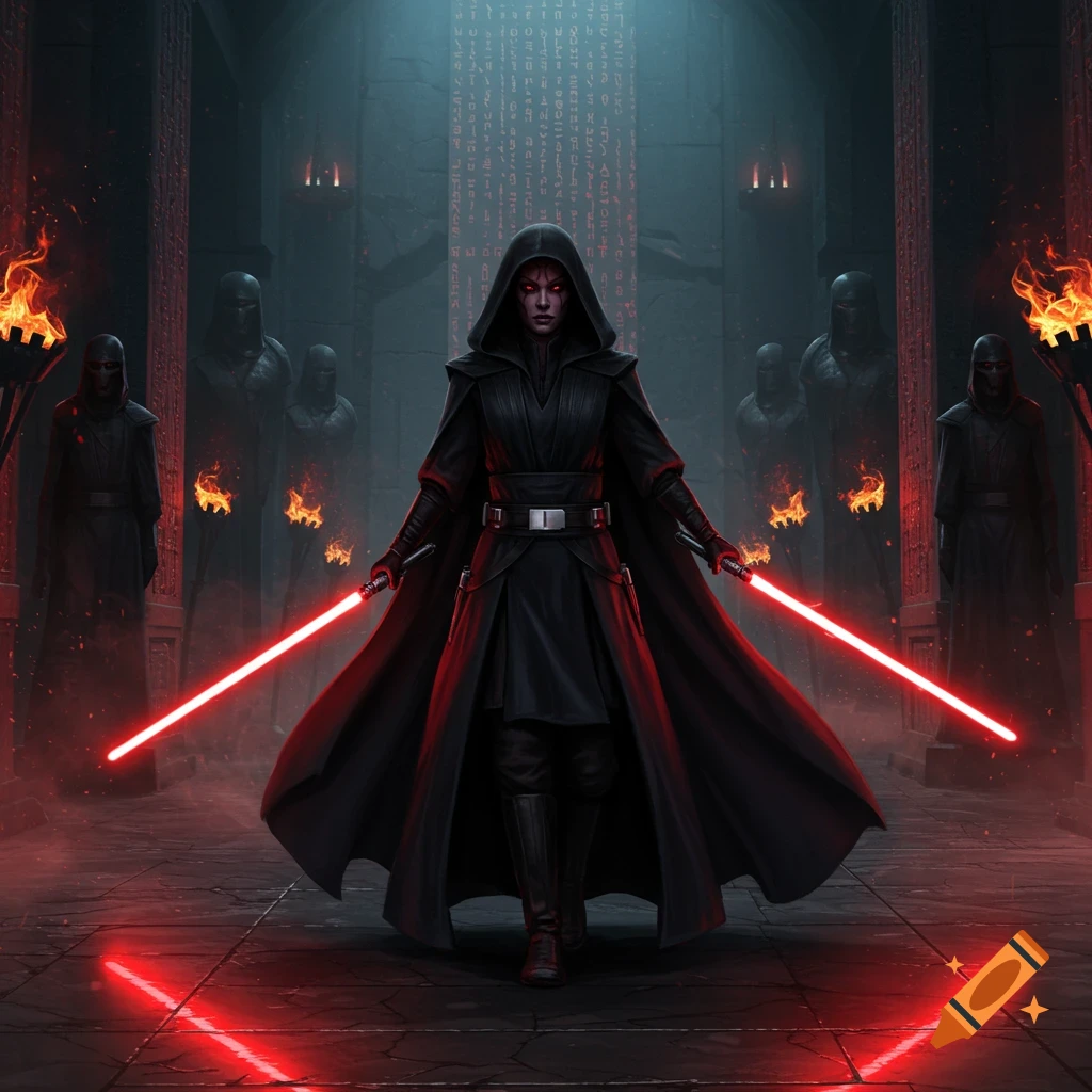 A red-skinned, horned character resembling Darth Maul stands amidst ...