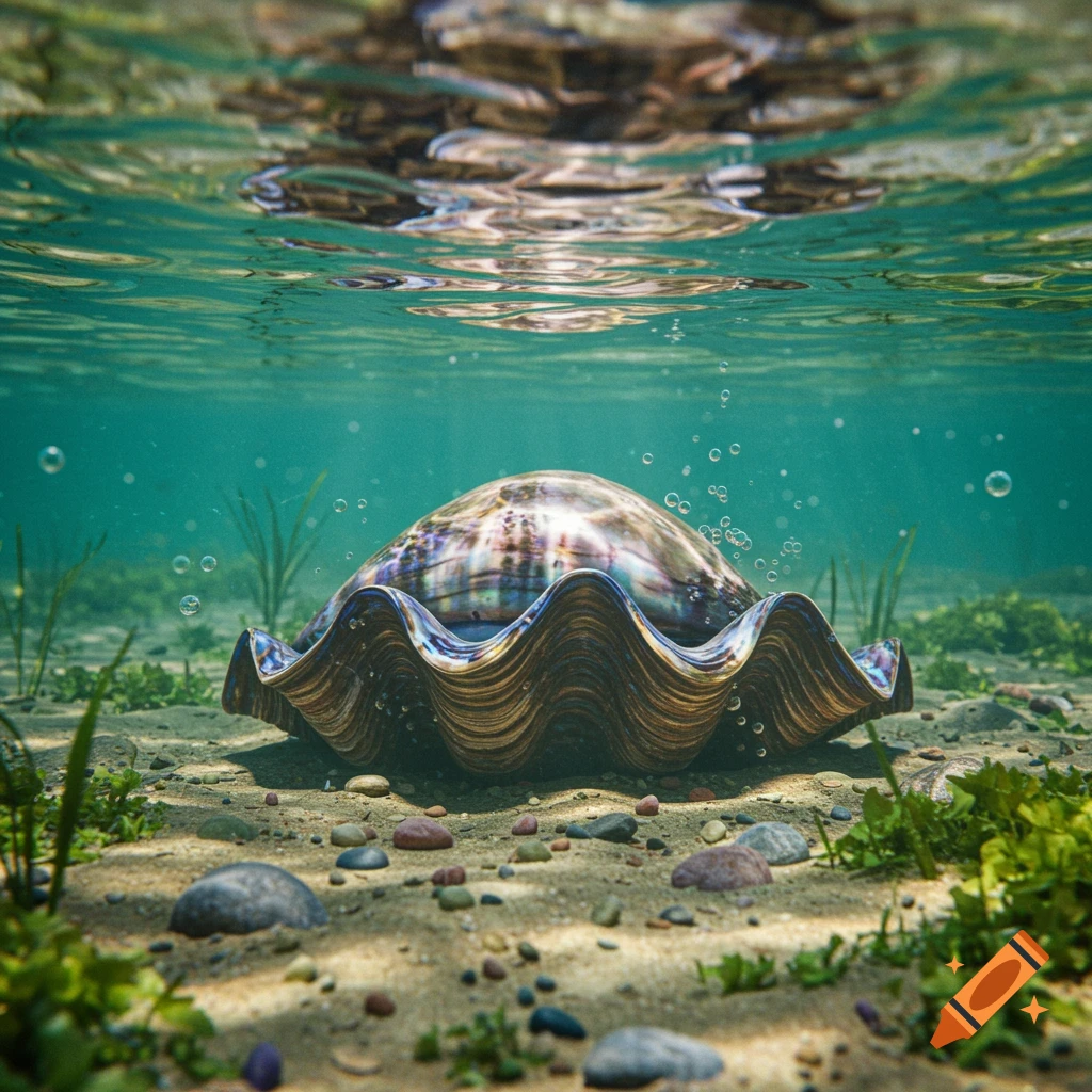 Photorealistic view of a large iridescent clam shell on a sandy seabed ...