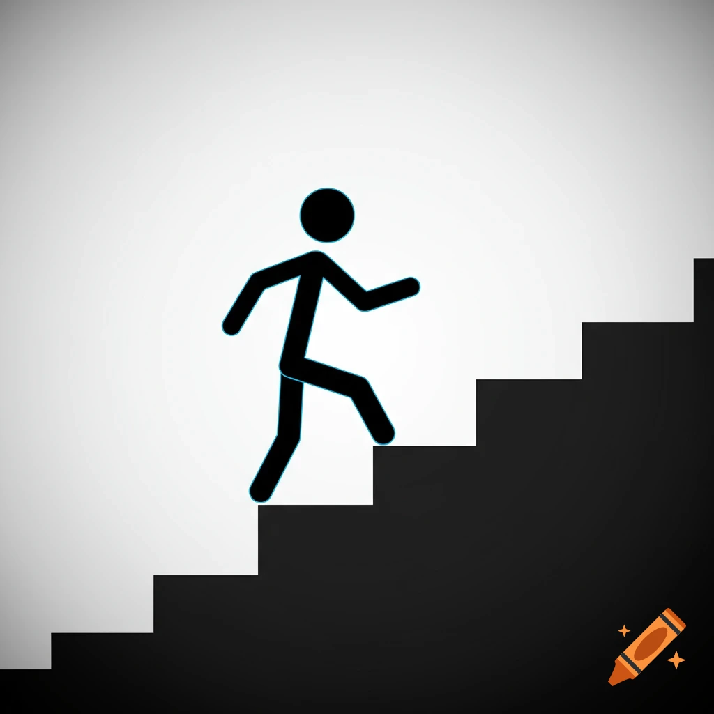 A black stick figure walks up a set of black stairs on a white ...