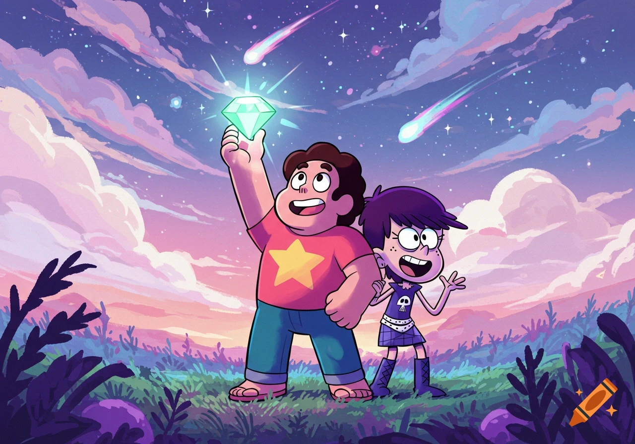 Steven Universe sits on a rug, playing a violin with his eyes closed ...