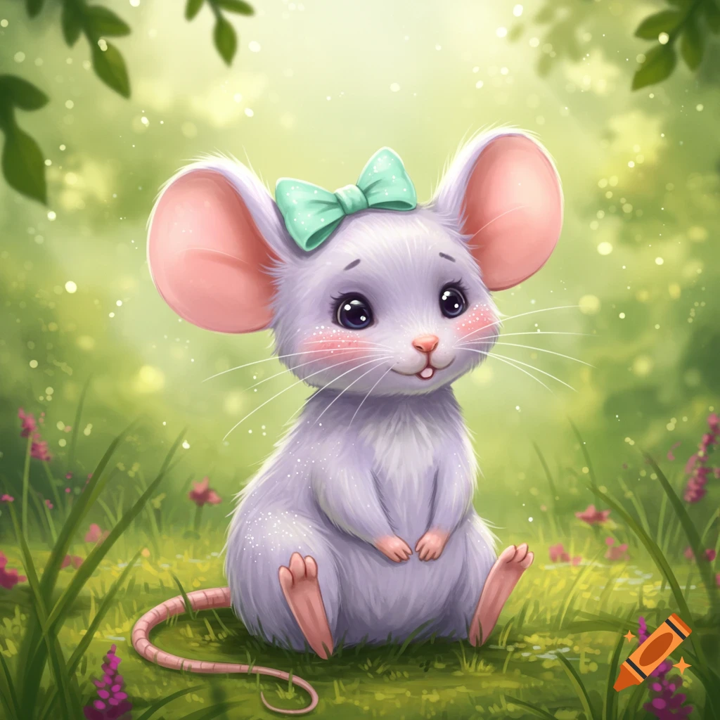 A cute, light lilac mouse with large pink ears and a mint green bow ...