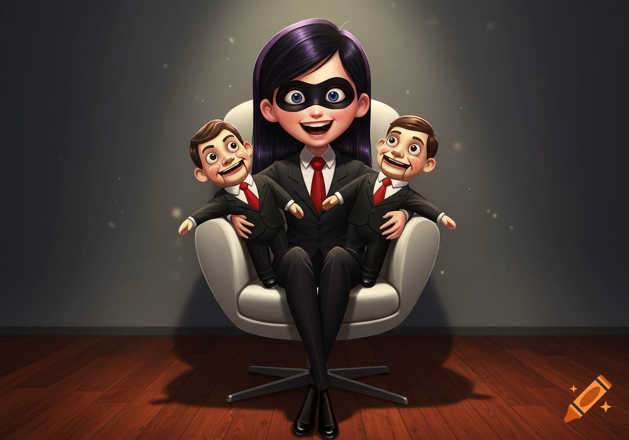 Violet Parr in a black suit and mask holds two smiling ventriloquist ...
