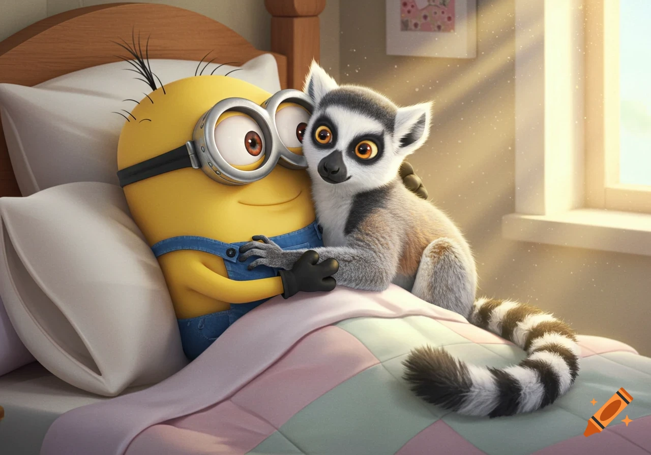 A Minion in a yellow dress rides a glowing hoverboard down a neon-lit ...