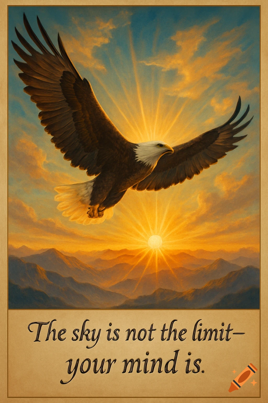 A bald eagle soars over a mountain range with a bright sunburst, above ...