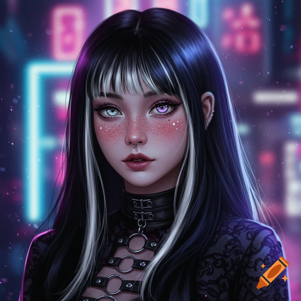 Close-up anime portrait of a smiling girl with vibrant purple-blue hair ...