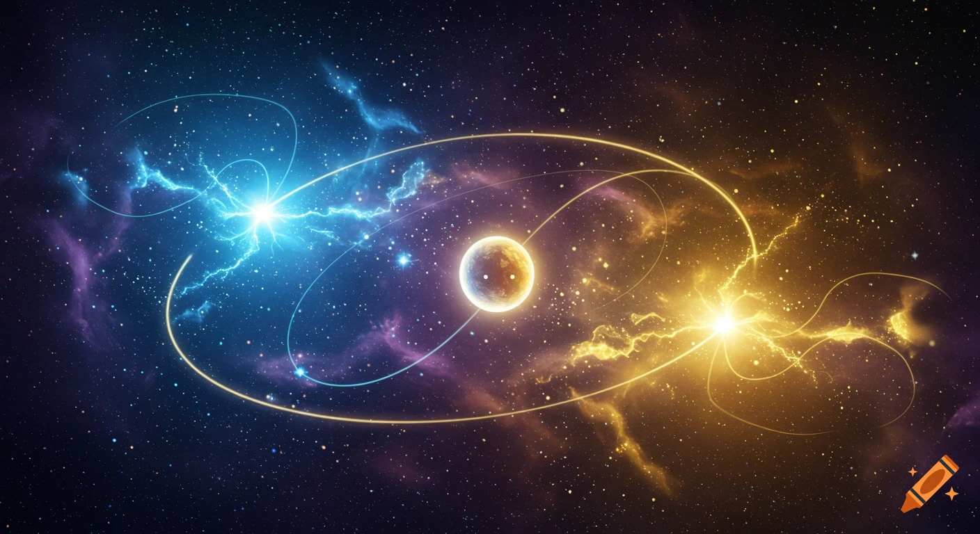 A vibrant cosmic scene with a central glowing orb, radiant light trails, and colorful nebulae in ...