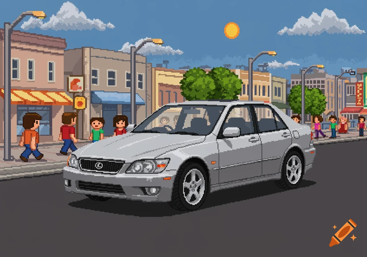 A 16-bit pixel art image of a silver Lexus IS200 on a street with ...