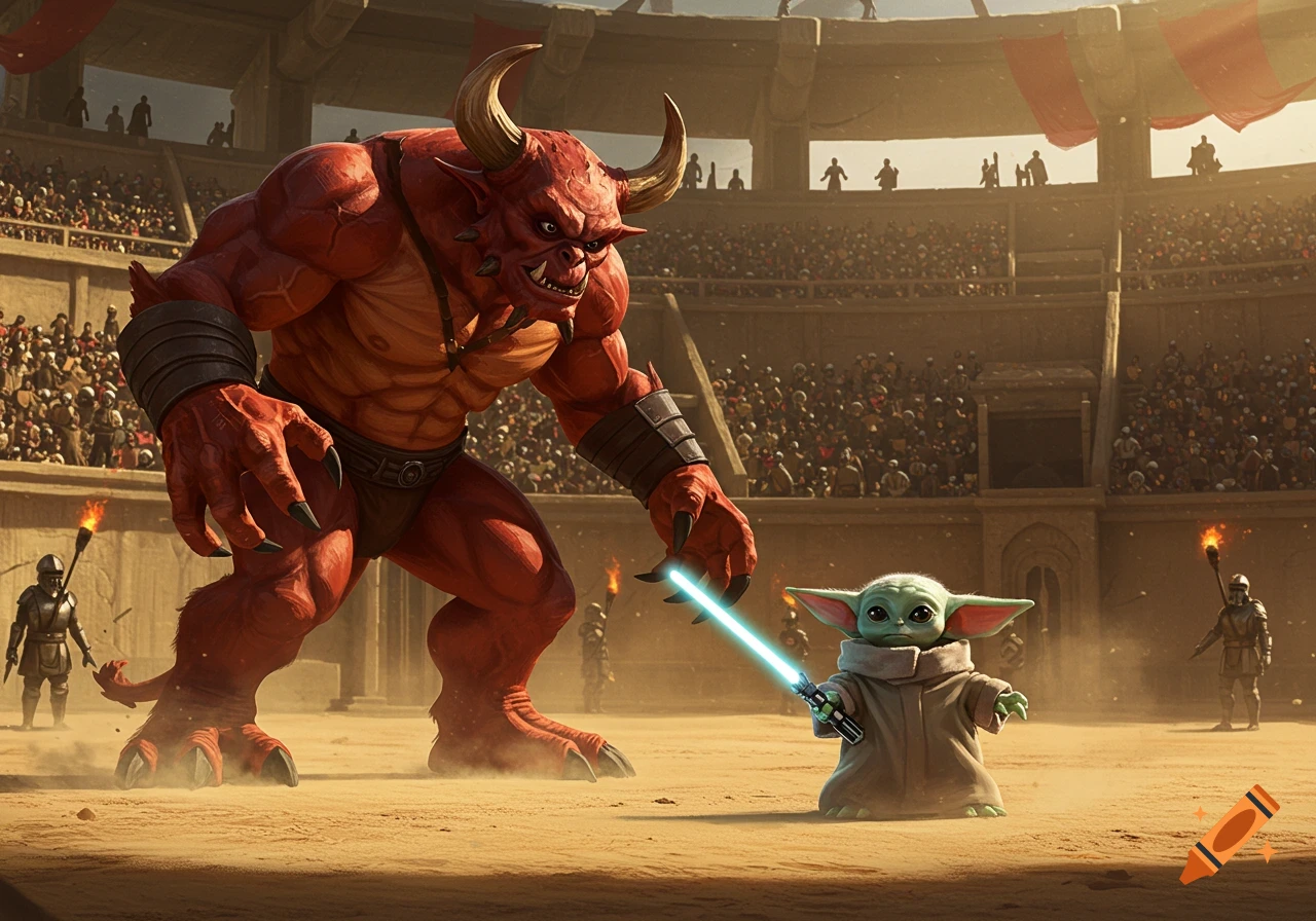Baby Yoda with a lightsaber confronting a large red monster in a ...