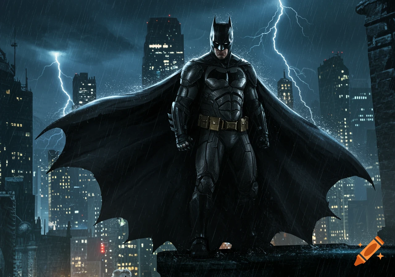 Detailed illustration of Batman in a fedora and cape on a stormy Gotham ...