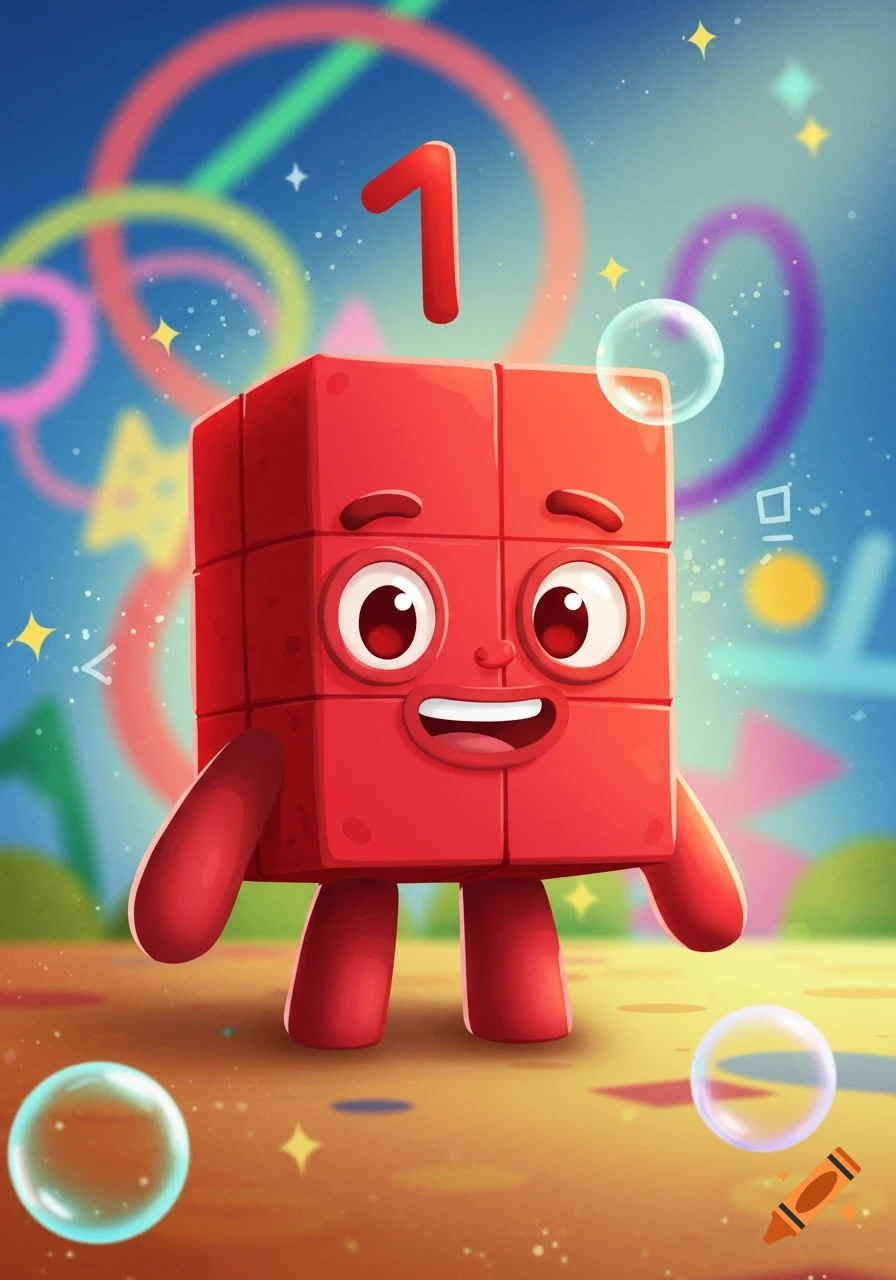 A red Numberblock One character with a '1' above its head smiles on a ...