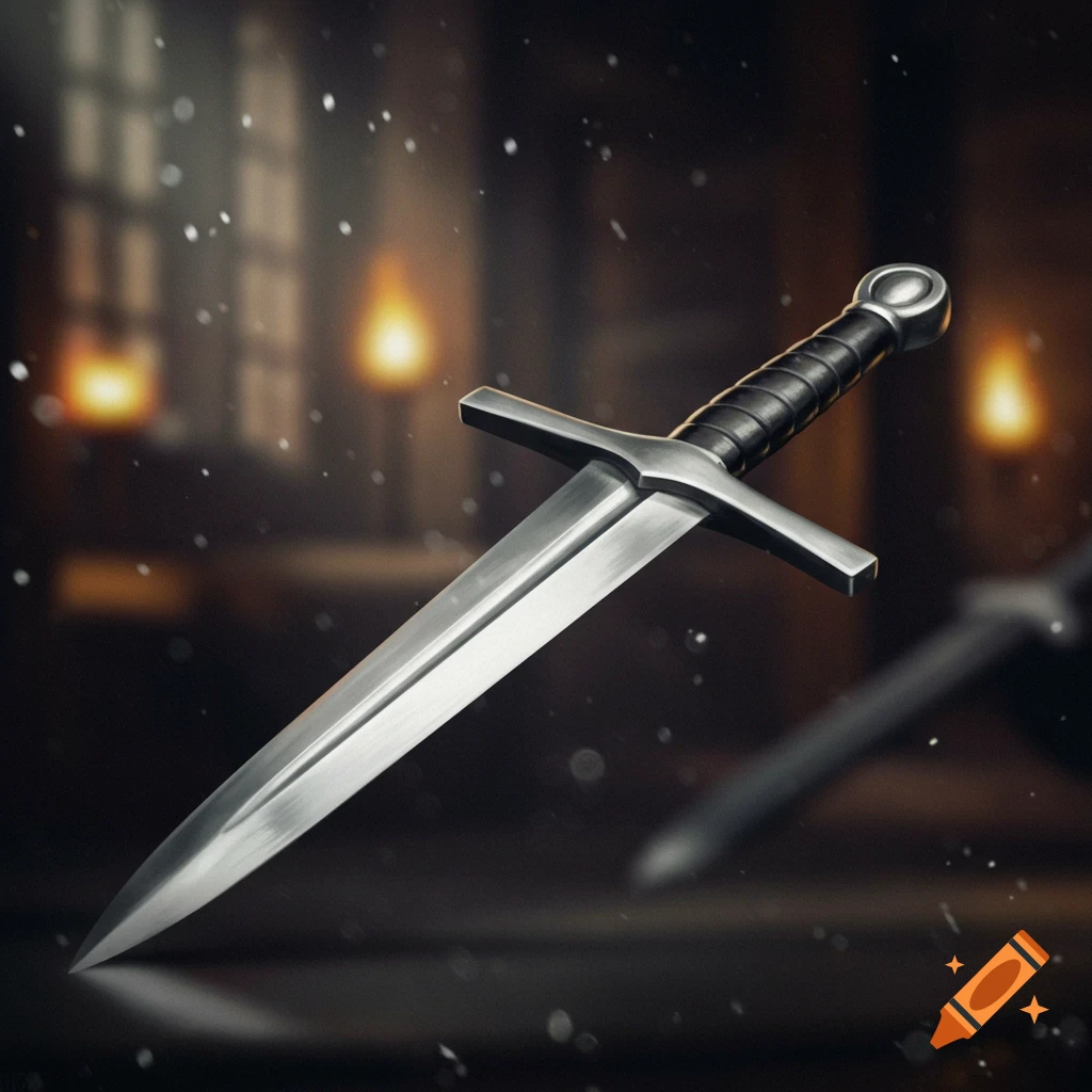 A detailed, shiny shortsword with a black hilt rests on a dark surface ...