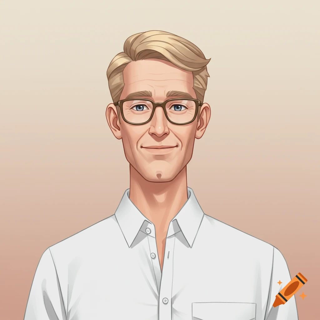 A thoughtful bald man with a beard and glasses, wearing a denim jacket ...