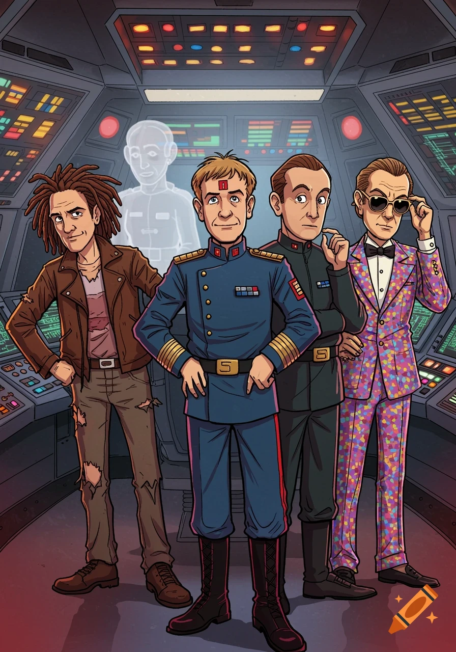 A cartoon rendering of five male characters, four solid and one ghost ...