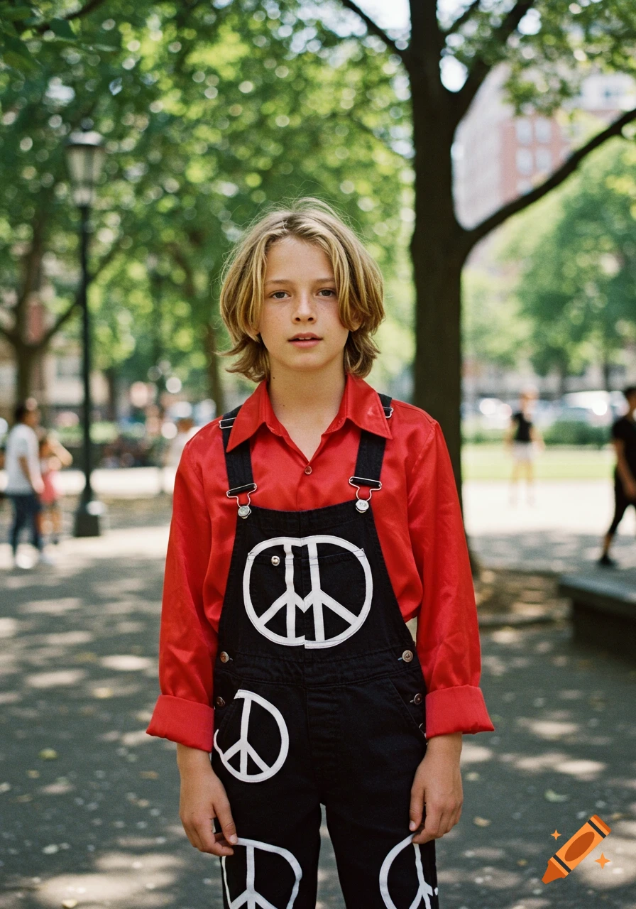 A preteen boy with blond hair wearing a red silk shirt and black ...