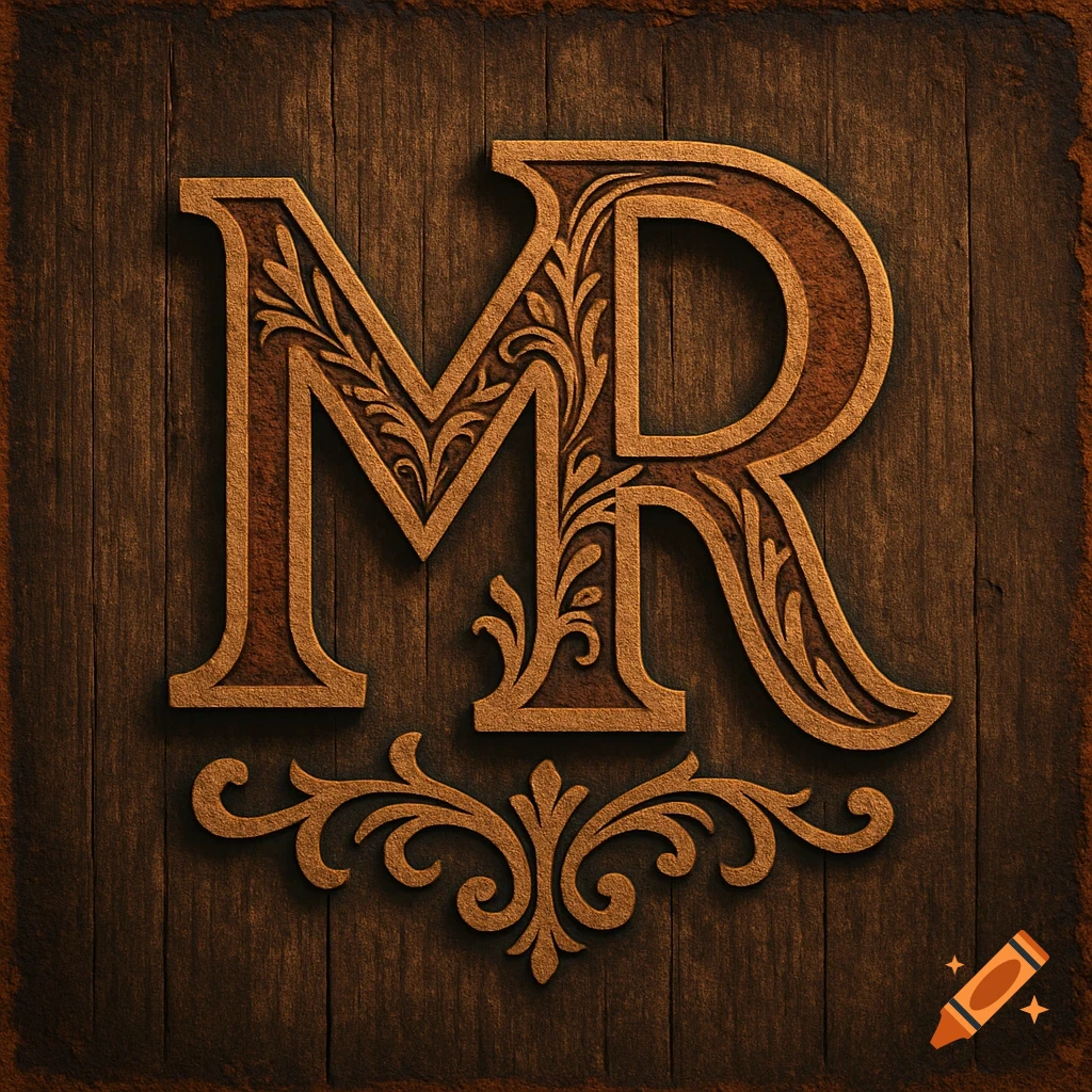 Ornate black gothic letters V and R with filigree on a textured tan ...