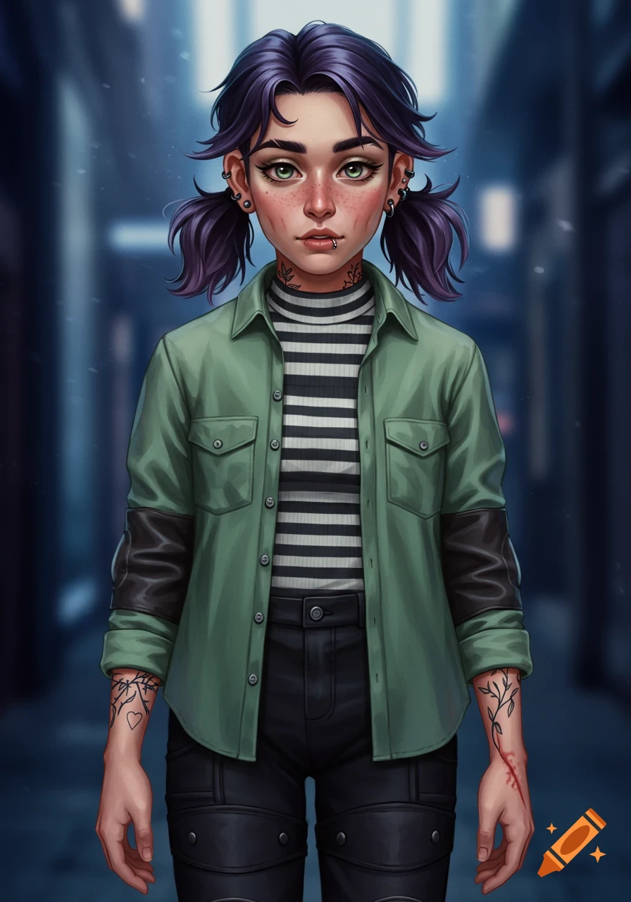 A stylized portrait of a young person with purple hair in pigtails, green eyes, freckles, and ...