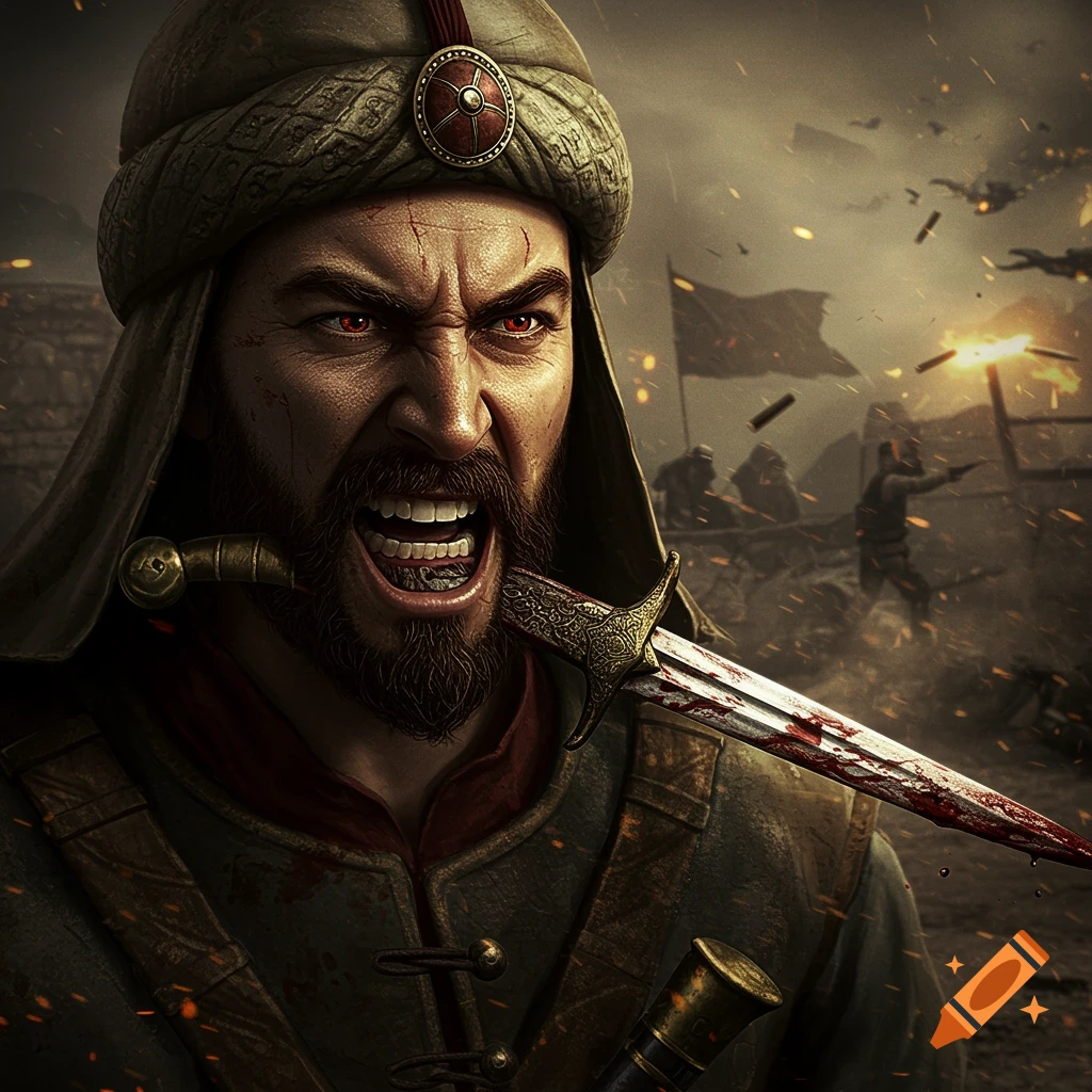 Intense portrait of a raging warrior with red eyes and a bloody dagger ...