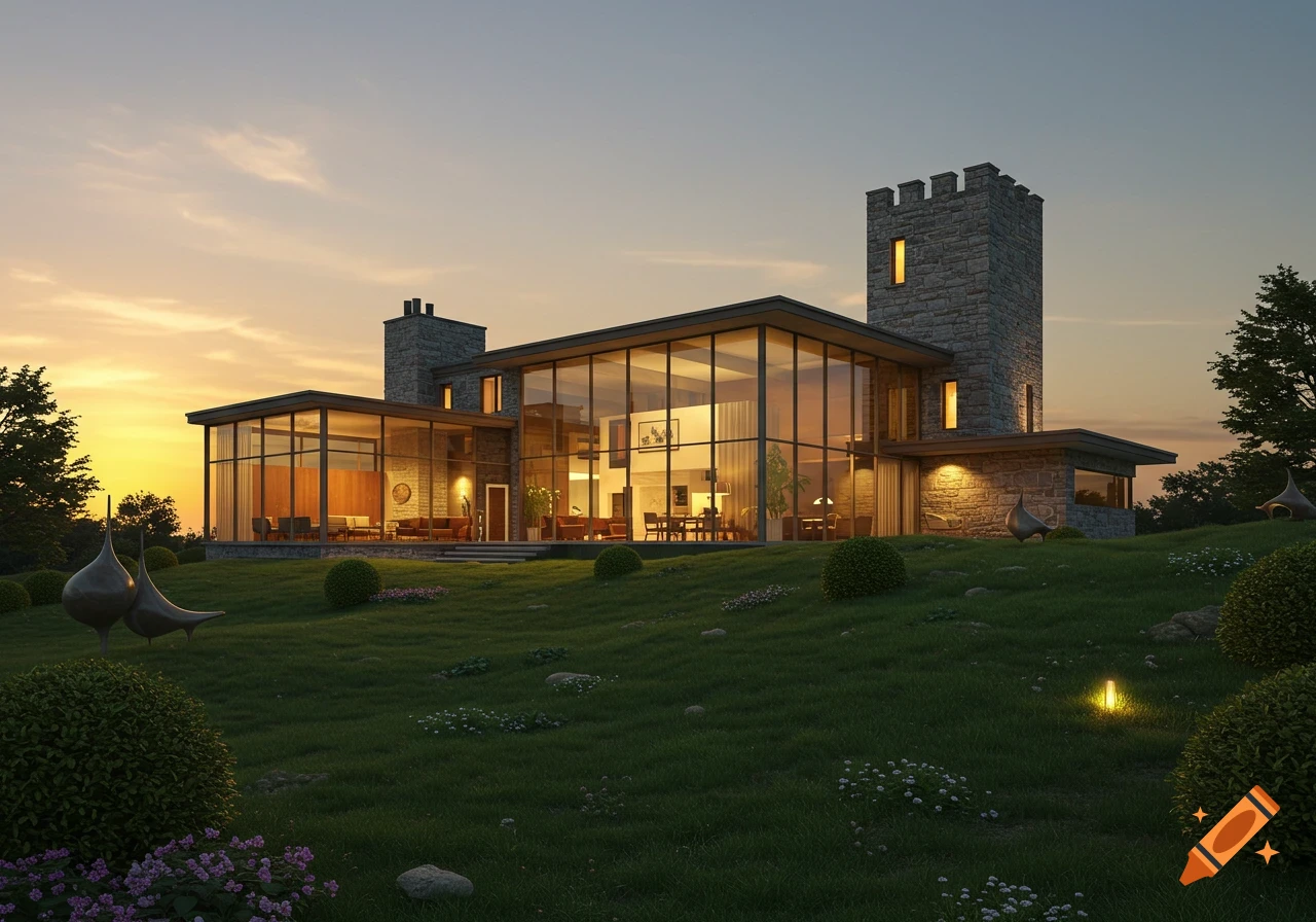 A modern stone house with large glass windows and castle-like towers on a grassy hill during ...