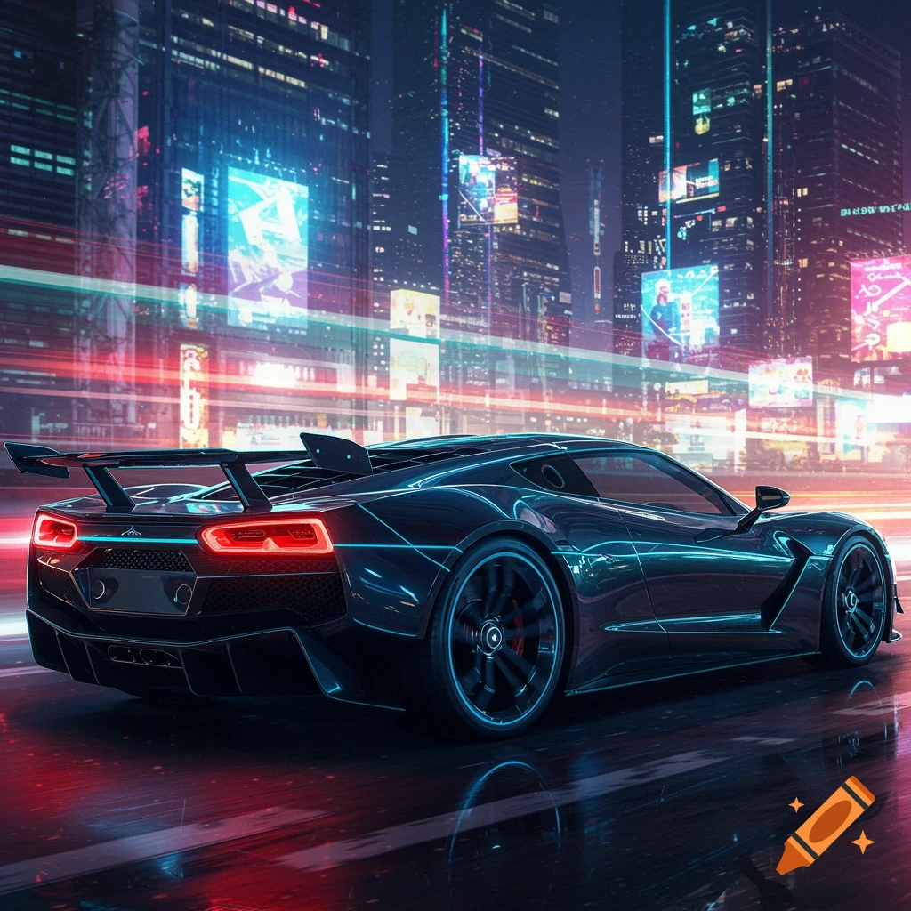 Aerodynamic car in titanium color with orange highlights on Craiyon