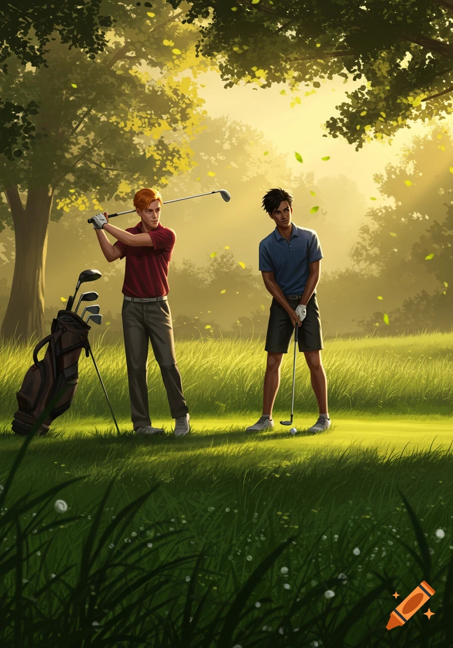 An illustration of two men playing golf on a sunny course, one swinging ...
