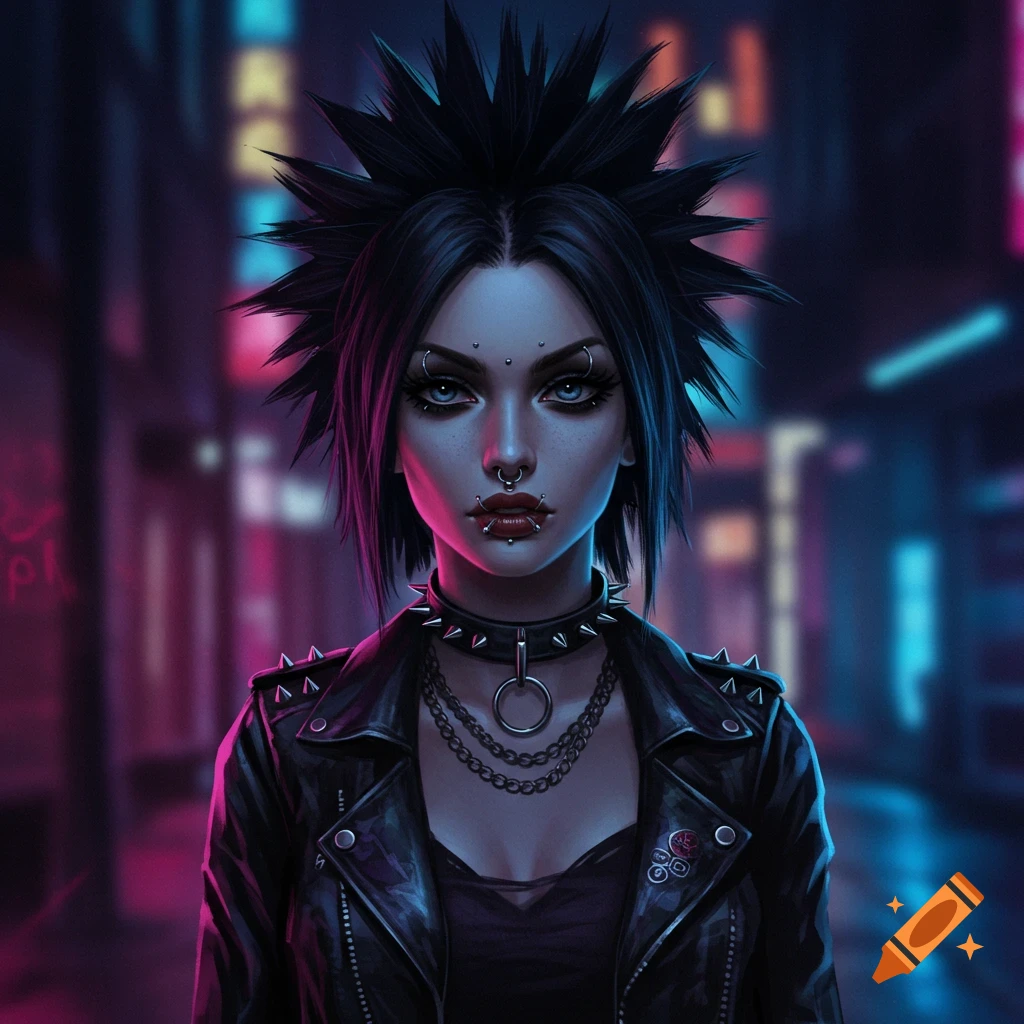 An illustration of a teen in goth attire, with dark hair, piercings, a ...