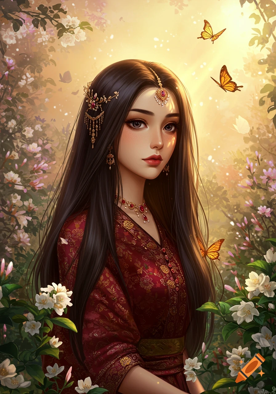 A woman in a red dress with long dark hair holds a golden dragon mask ...