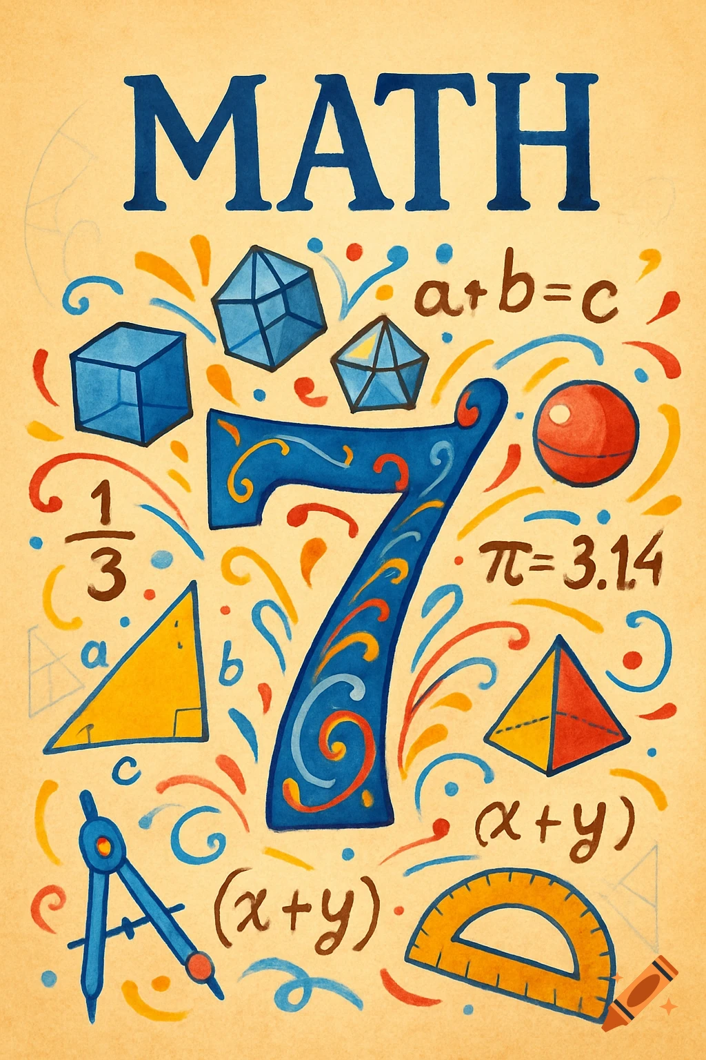 A colorful, hand-drawn illustration for a math book cover featuring the ...