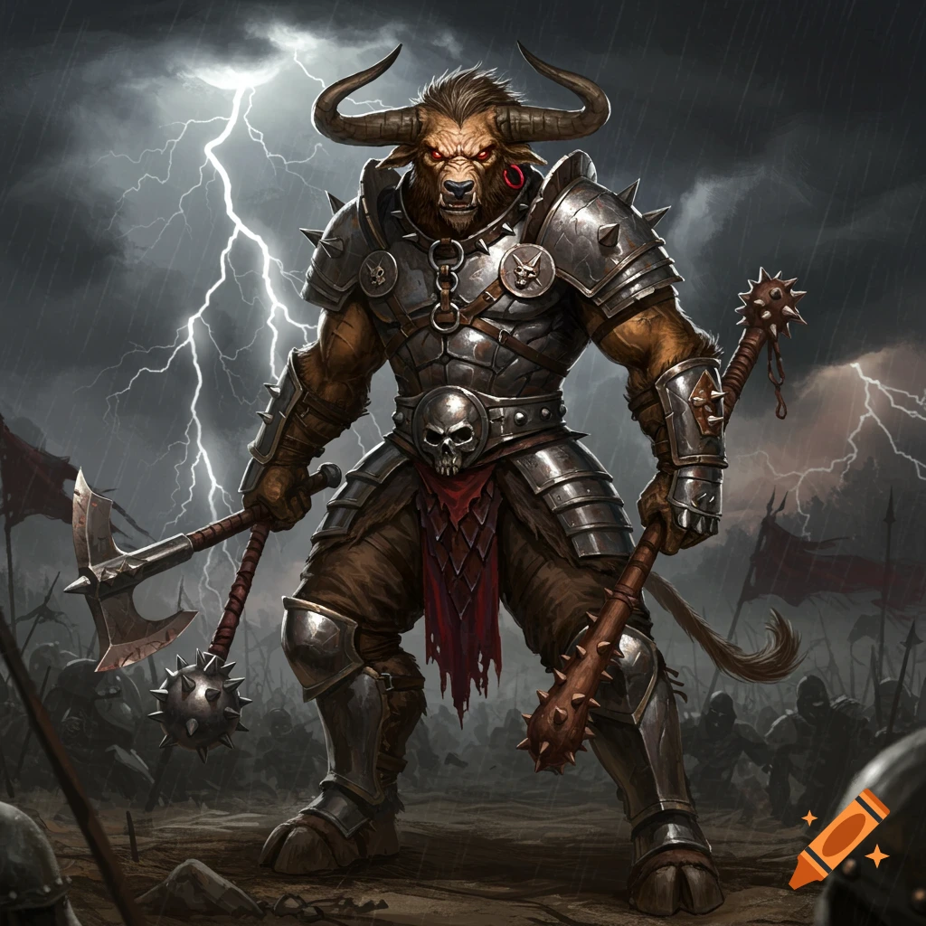 A formidable armored bull-headed warrior stands on a battlefield ...
