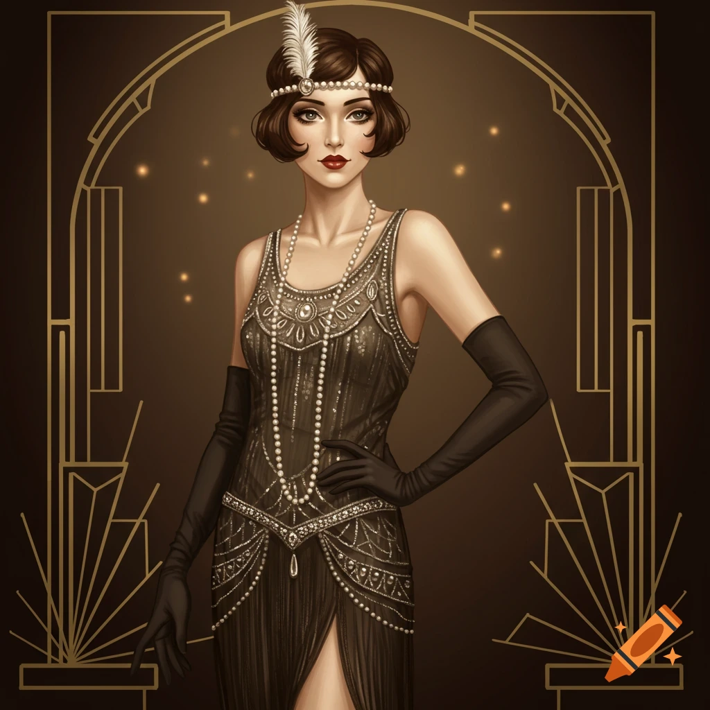 A woman in a green beaded flapper dress, long gloves, and a pearl ...