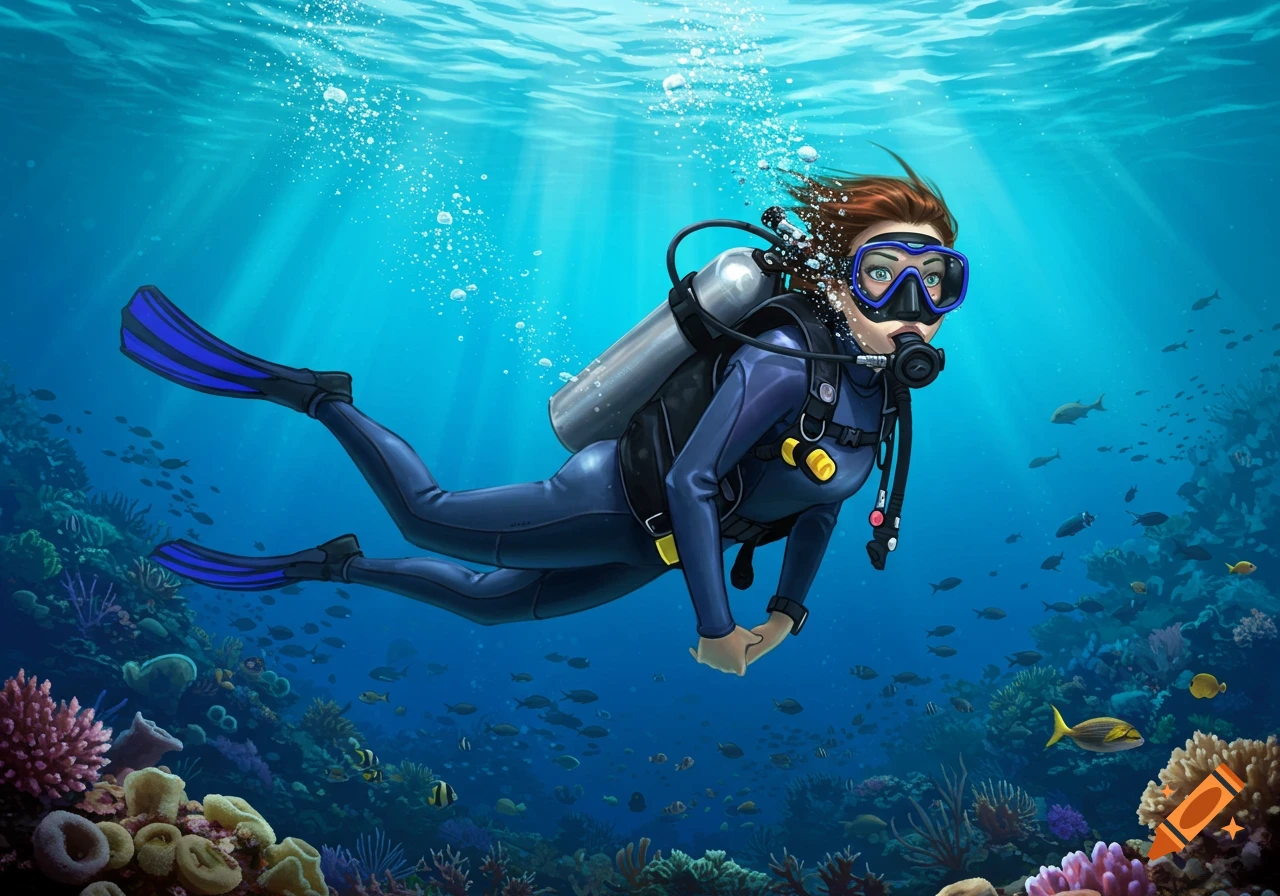 A female scuba diver in a white and blue wetsuit swims gracefully ...